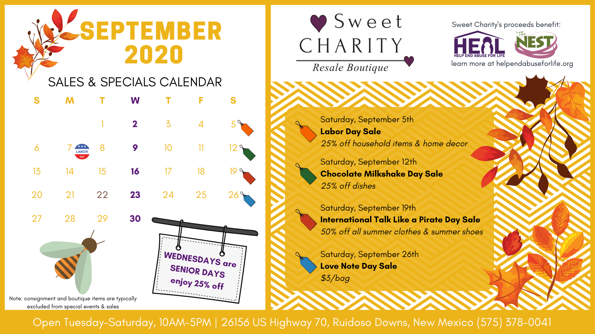 Sweet Charity’s September Sales Calendar | DOMESTIC VIOLENCE SHELTER